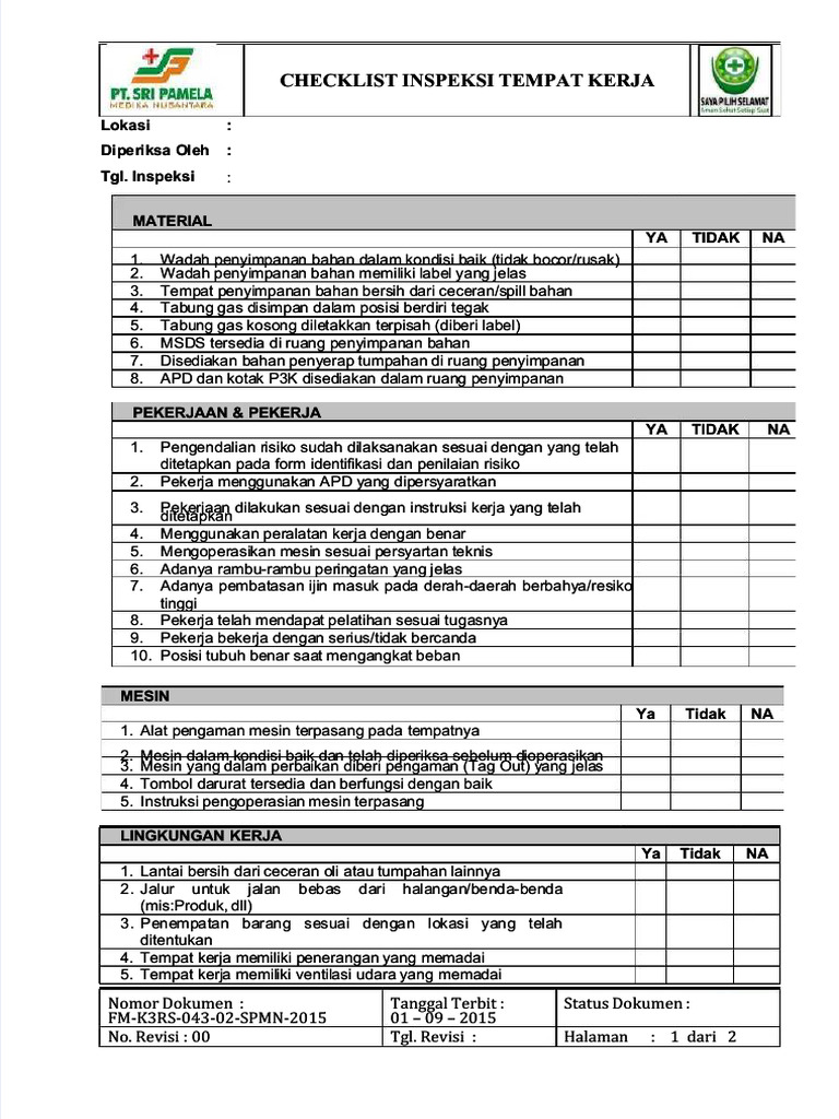 PDF FM k3rs 043 02 SPMN 2015 Form Checklist Inspeksi k3 - Compress | PDF