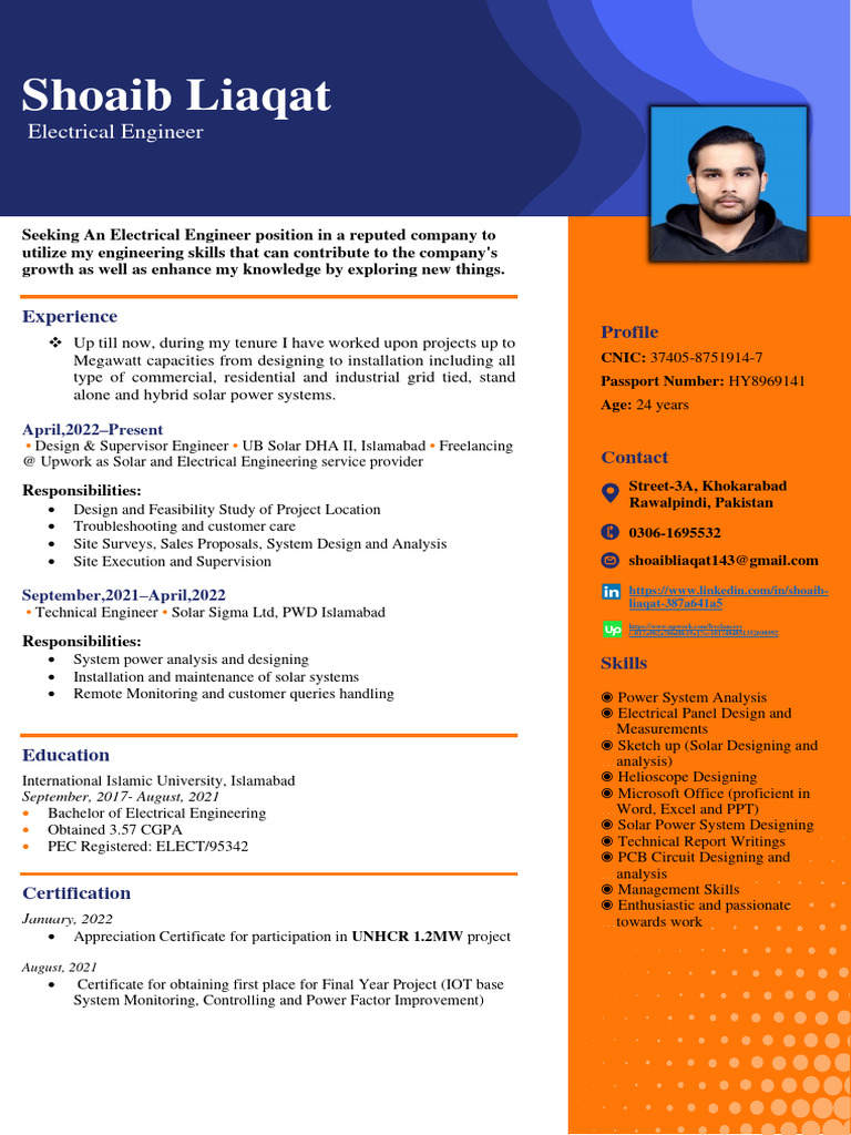 Shoaib Liaqat - Electrical Engineer-CV | PDF | Solar Power | Photovoltaic System