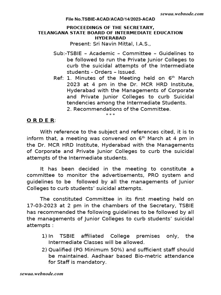 Academic Committee Private JCs-TSBIE Orders at SEWAA | PDF