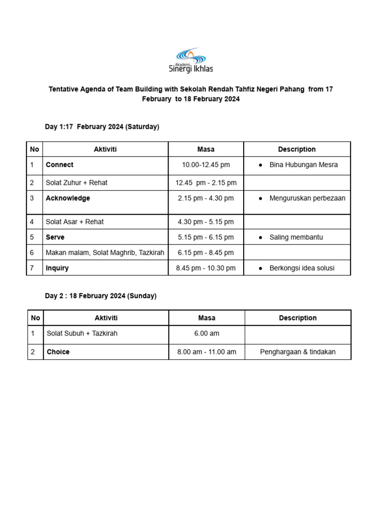 Tentative Agenda of Team Building With Sekolah Rendah Tahfiz Negeri ...