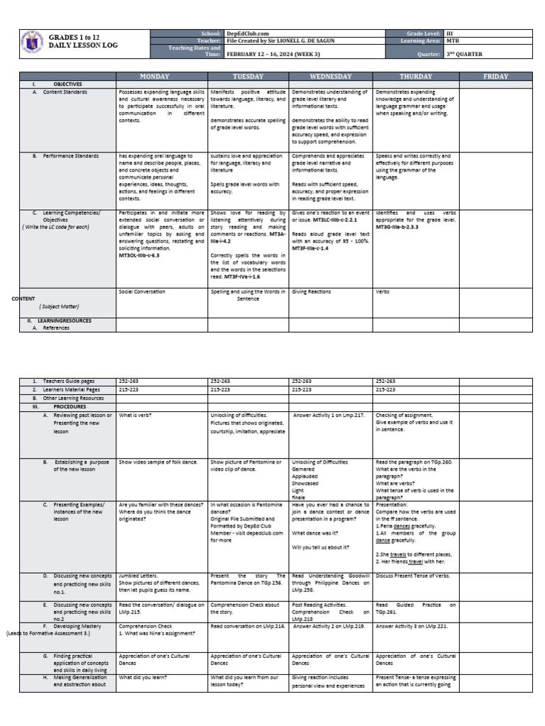 DLL - MTB 3 - Q3 - W3 | PDF | Learning | Human Communication