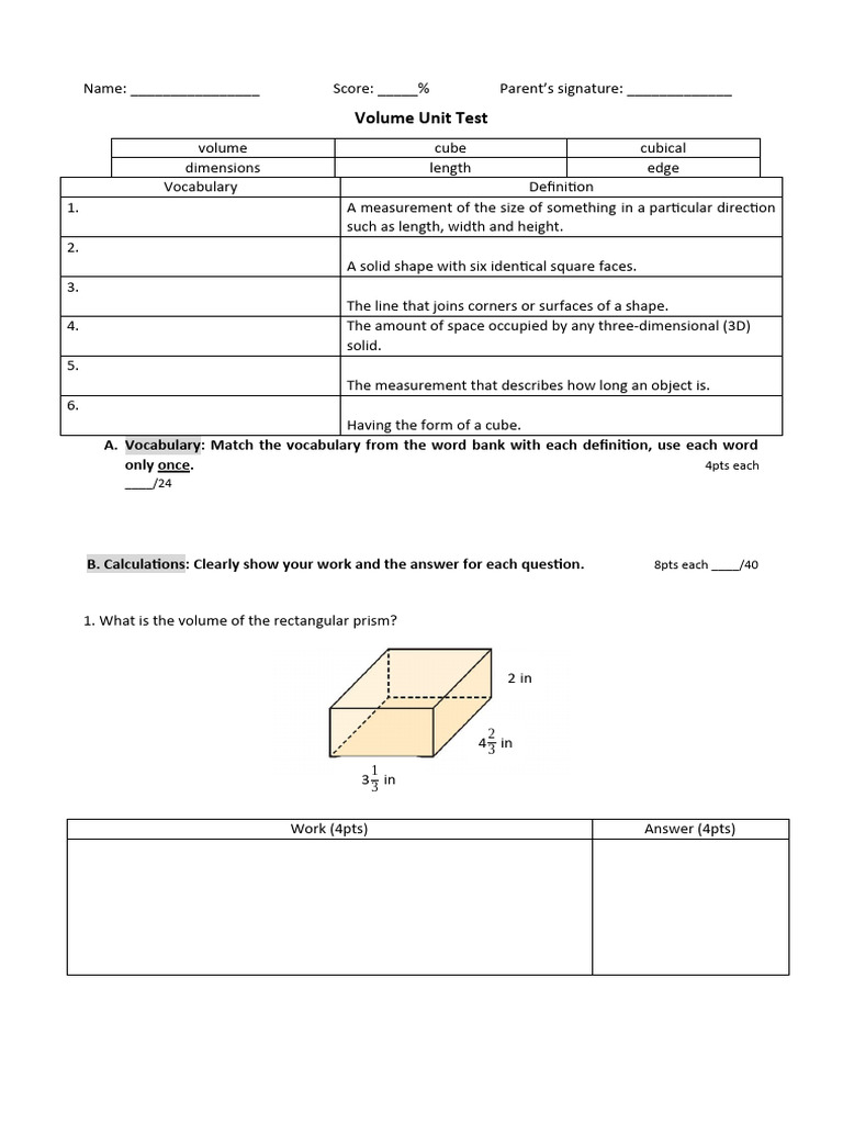 Volume Unit Test with Solutions | PDF | Volume | Geometry