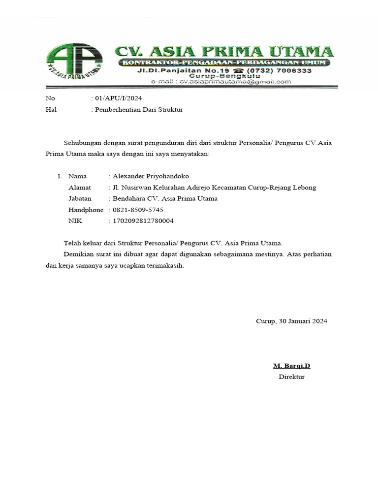 Pemberhentian Bendahara CV Asia Prima Utama | PDF