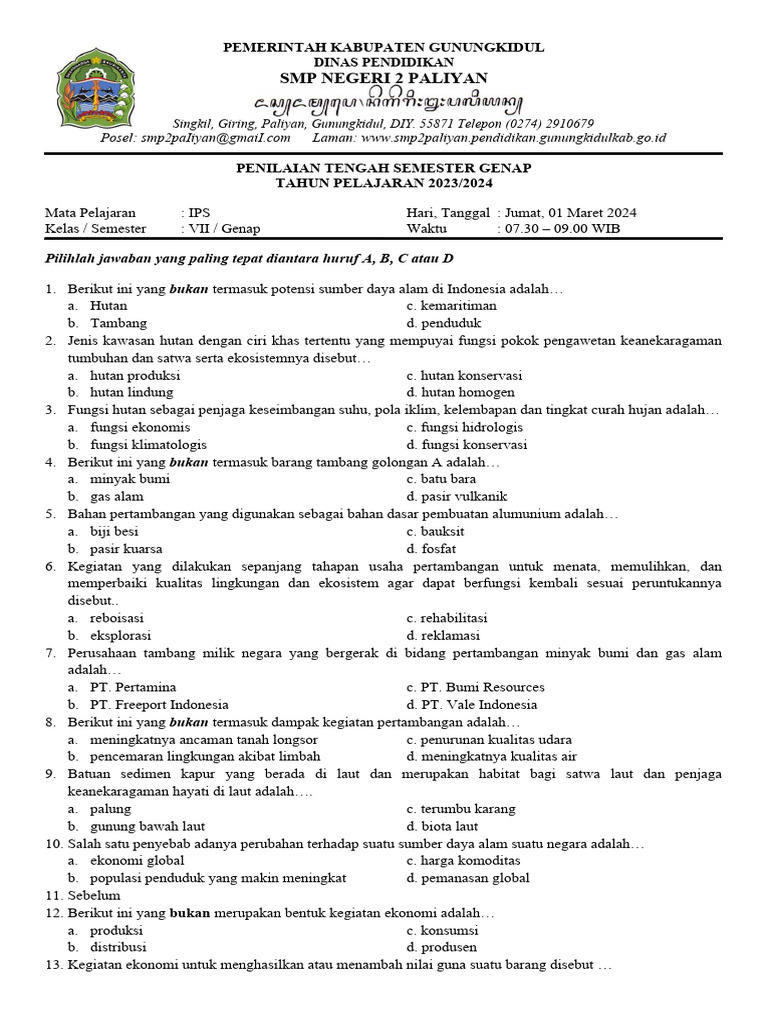 Soal PTS IPS Semester Genap Kelas 7 | PDF