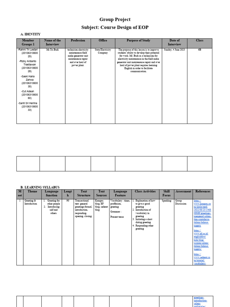 Group 1 - Syllabus of EOP | PDF | English Language | Verb