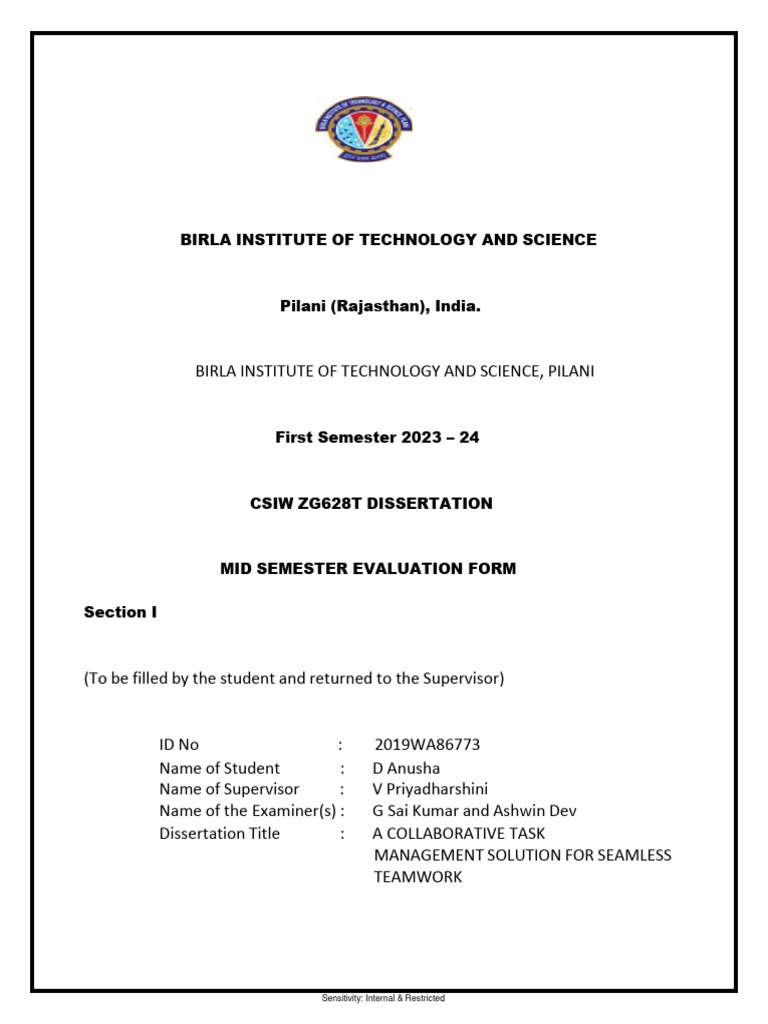 Bits Dissertation Mid Semester Evaluation Sheet 2019wa86773 Anusha ...