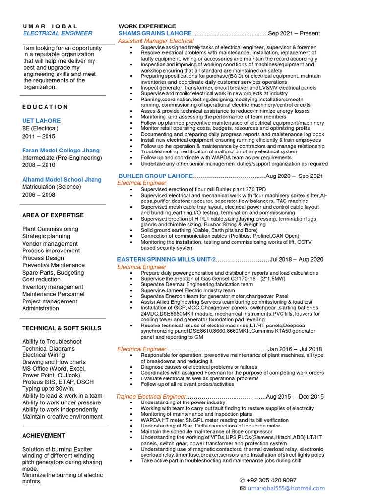 Umar Iqbal Resume | PDF | Relay | Electric Generator