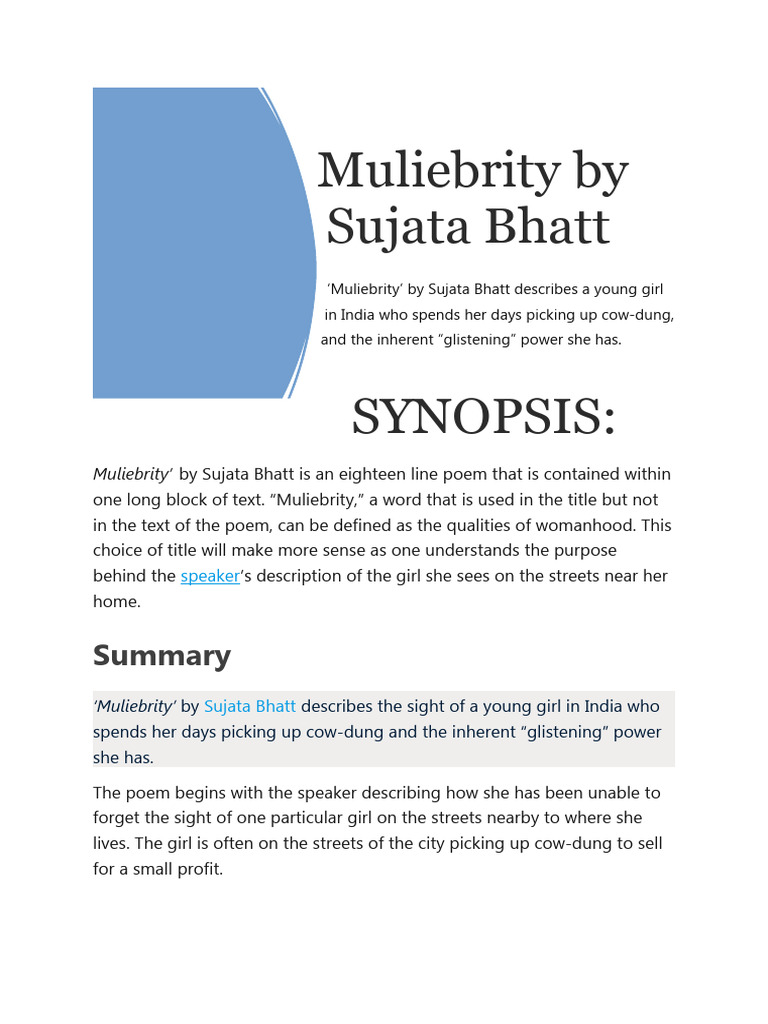 Muliebrity-Sujatha Bhatt | PDF