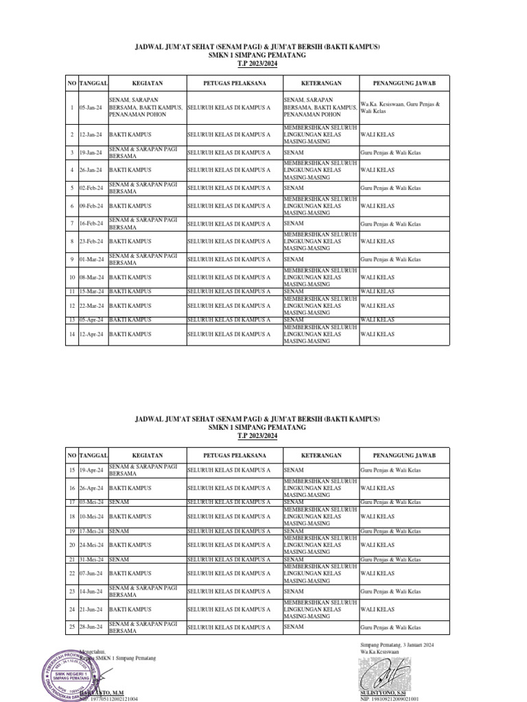 Jadwal Senam, Bakti Kampus Genap 2023-2024 Ok | PDF
