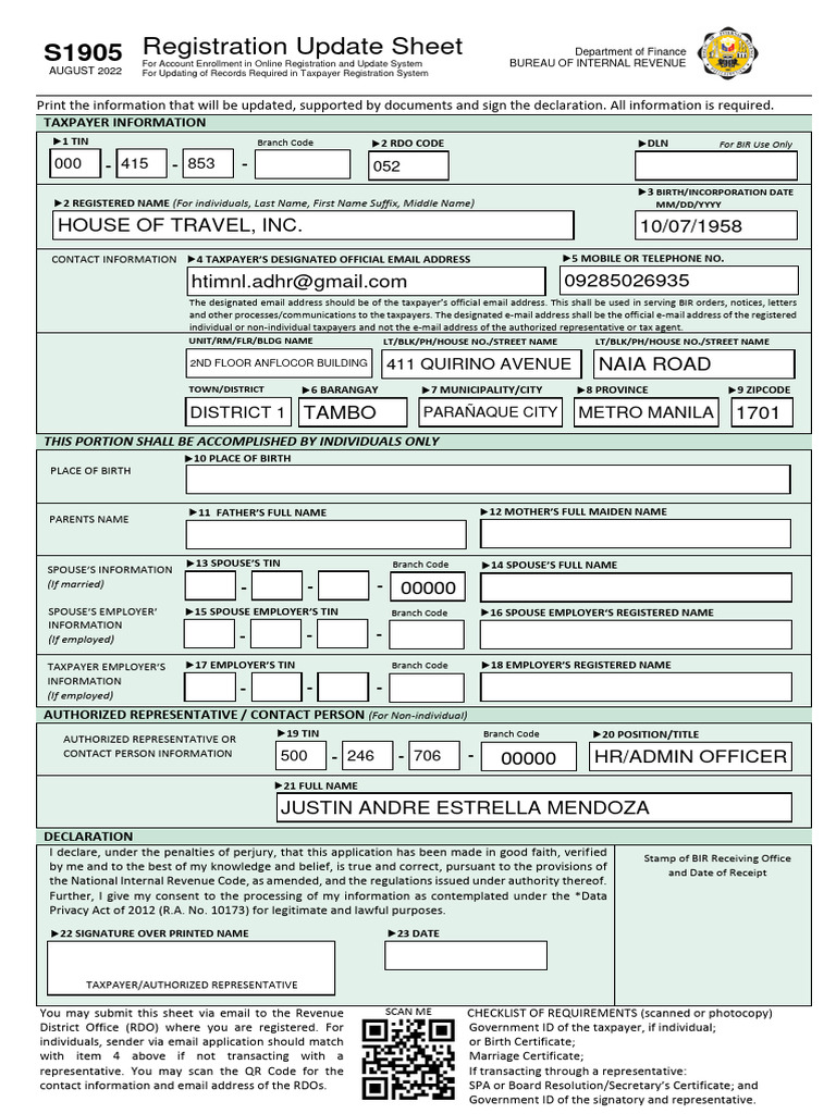 S1905 Registration Update Sheet Guide | PDF | Government
