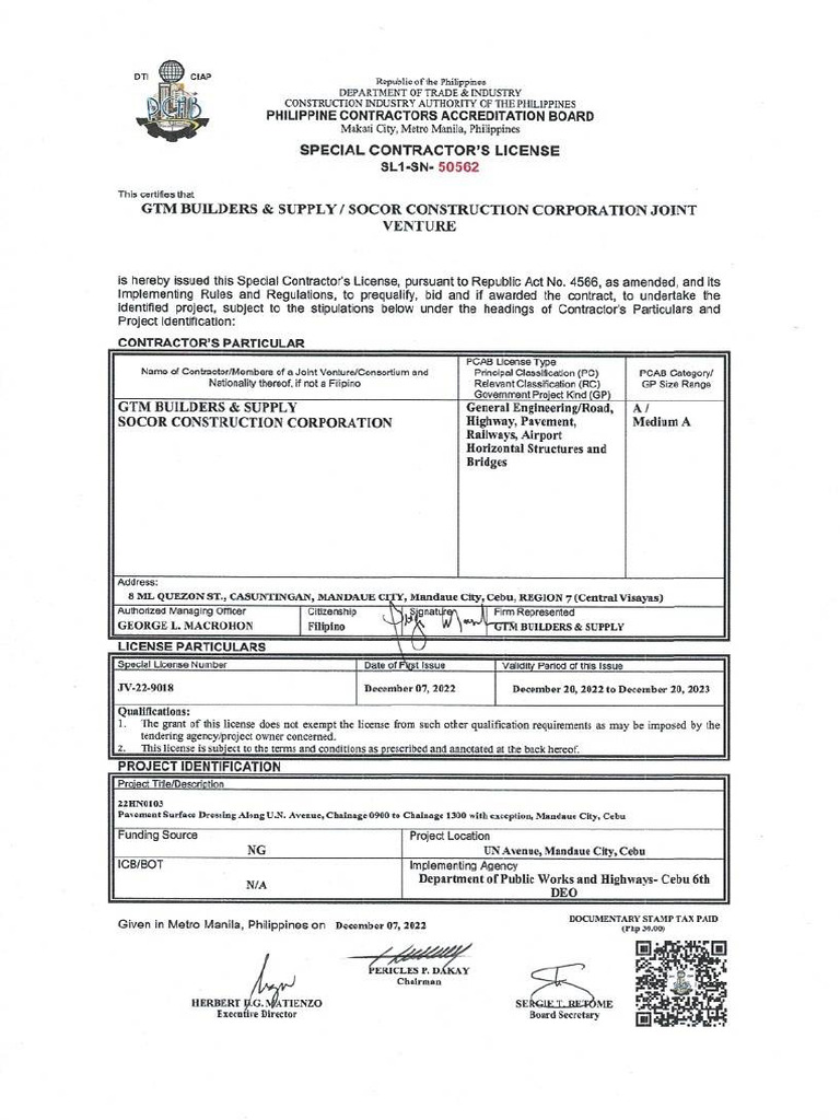 PCAB JV Certificate | PDF