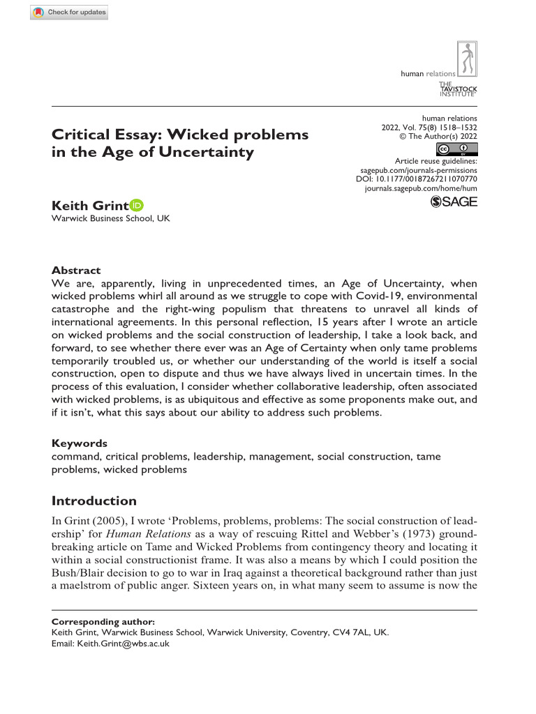 Wicked Problems in Uncertain Times | PDF | Leadership | Decision Making
