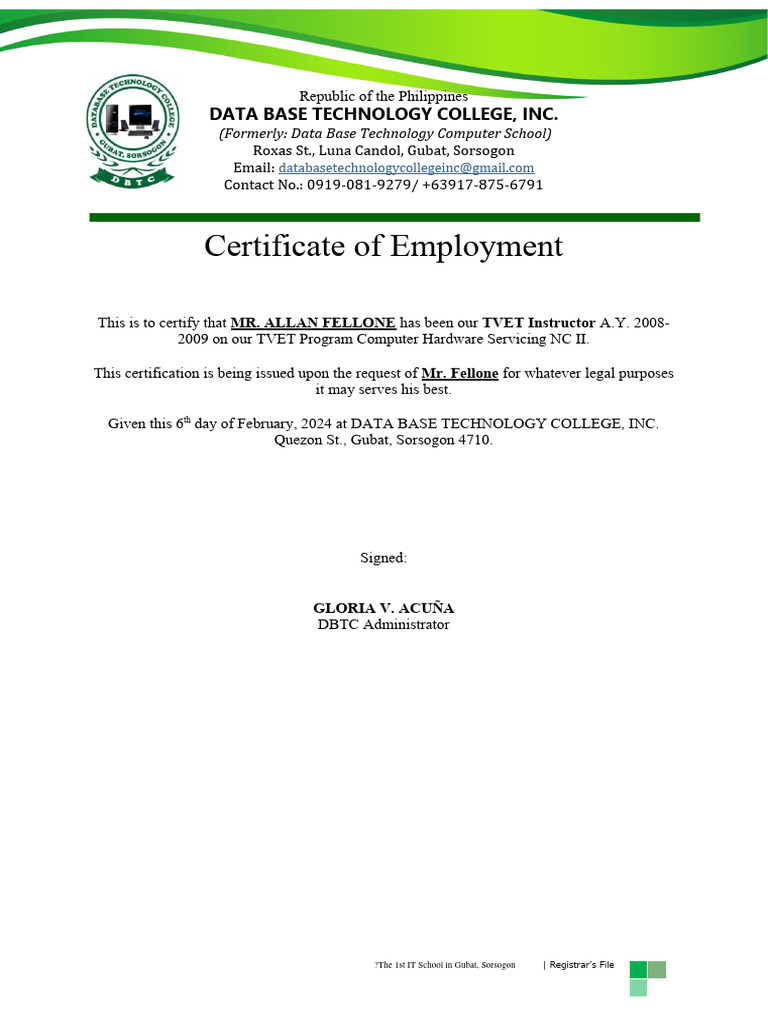 Certificate of Employment | PDF | Computers