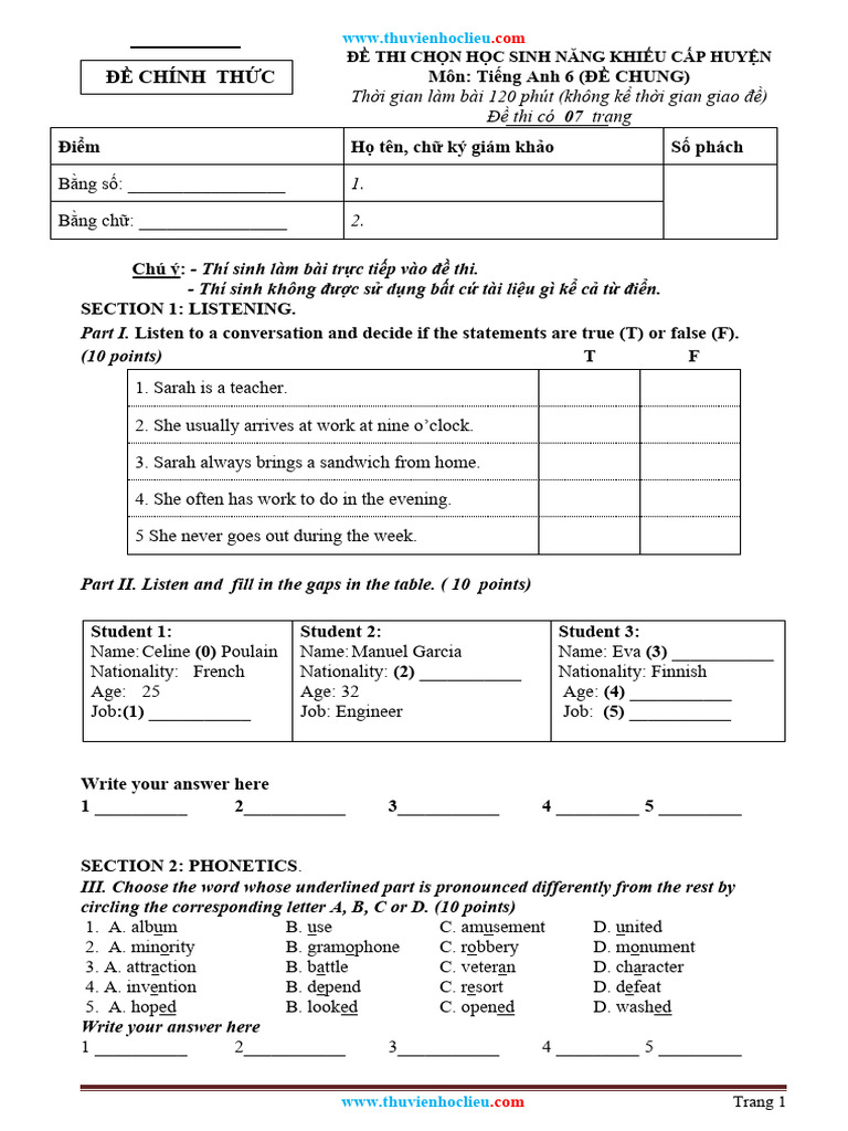 Thuvien de Thi HSG Tieng Anh 6 de 10 | PDF | Bowling (Cricket) | Cricket