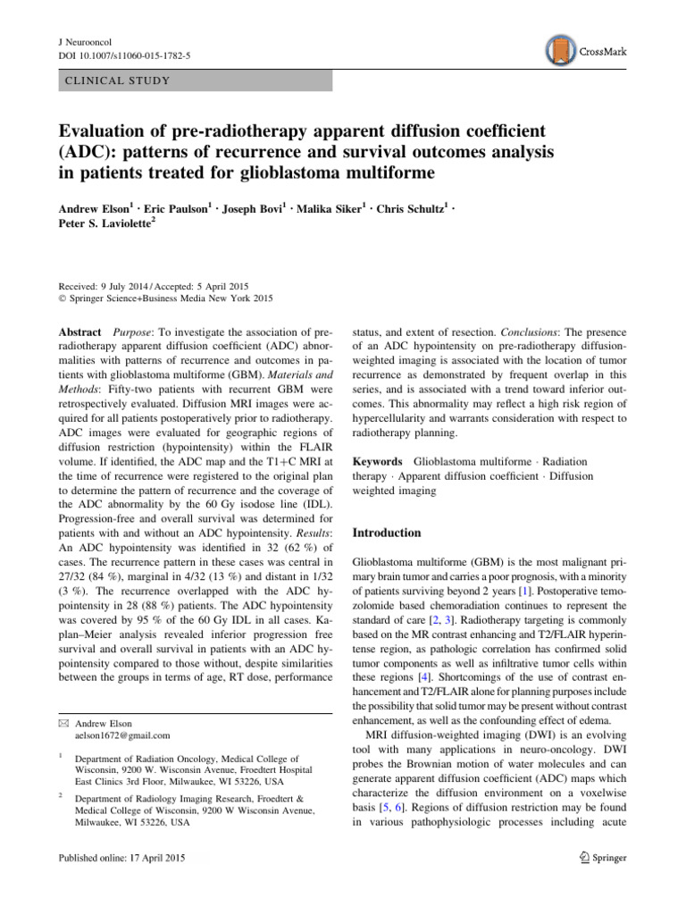 Evaluation of Pre-Radiotherapy Apparent Diffusion Coefficient (ADC) Patterns of Recurrence and ...