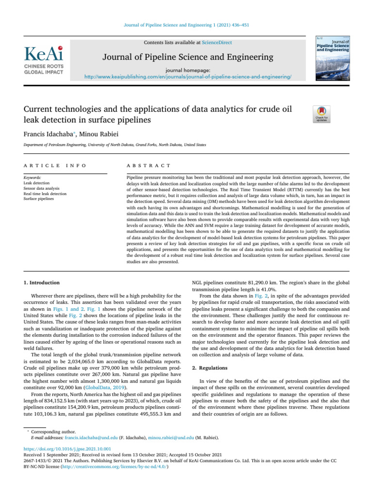 Current Technologies and The Applications of Data Analytics For Crude Oil Leak Detection in ...