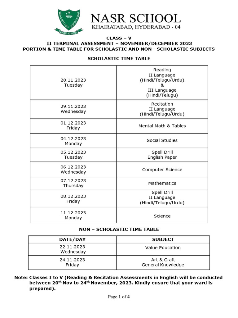 CLASS V - SECOND TERMINAL ASSESSMENT - PORTION & TIME TABLE - 2023-24 ...