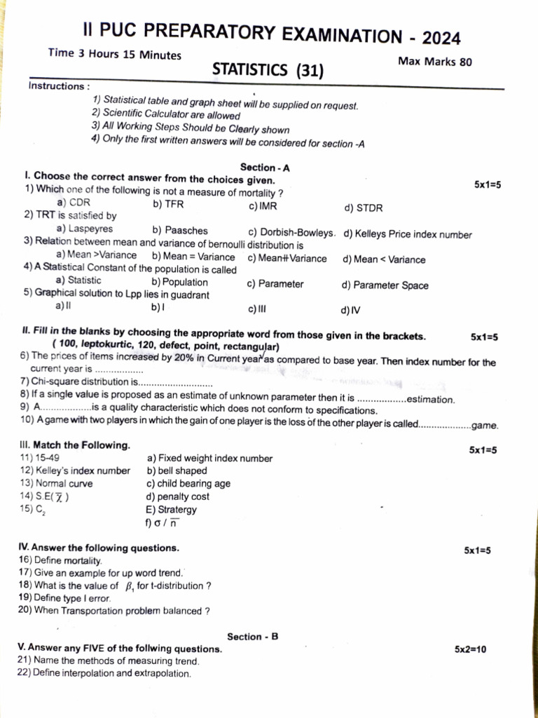2nd PUC Statistics Model Question Paper 2024 | PDF | Variance | Statistics
