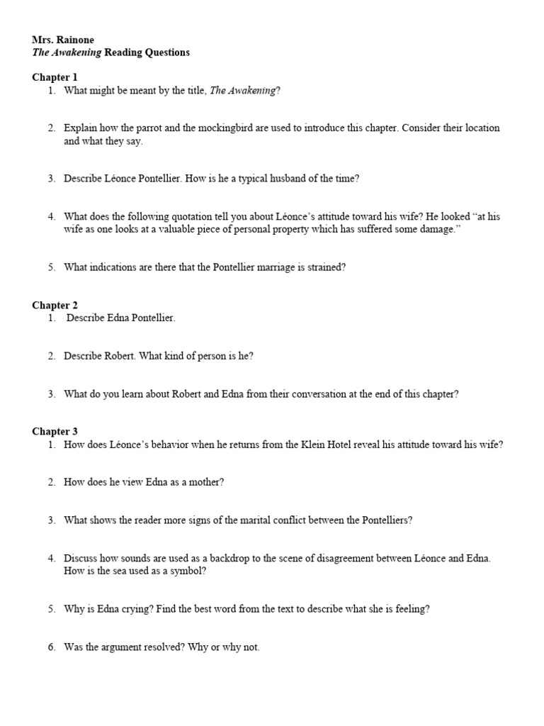 The Awakening: Key Reading Questions | PDF | The Awakening (Chopin Novel)
