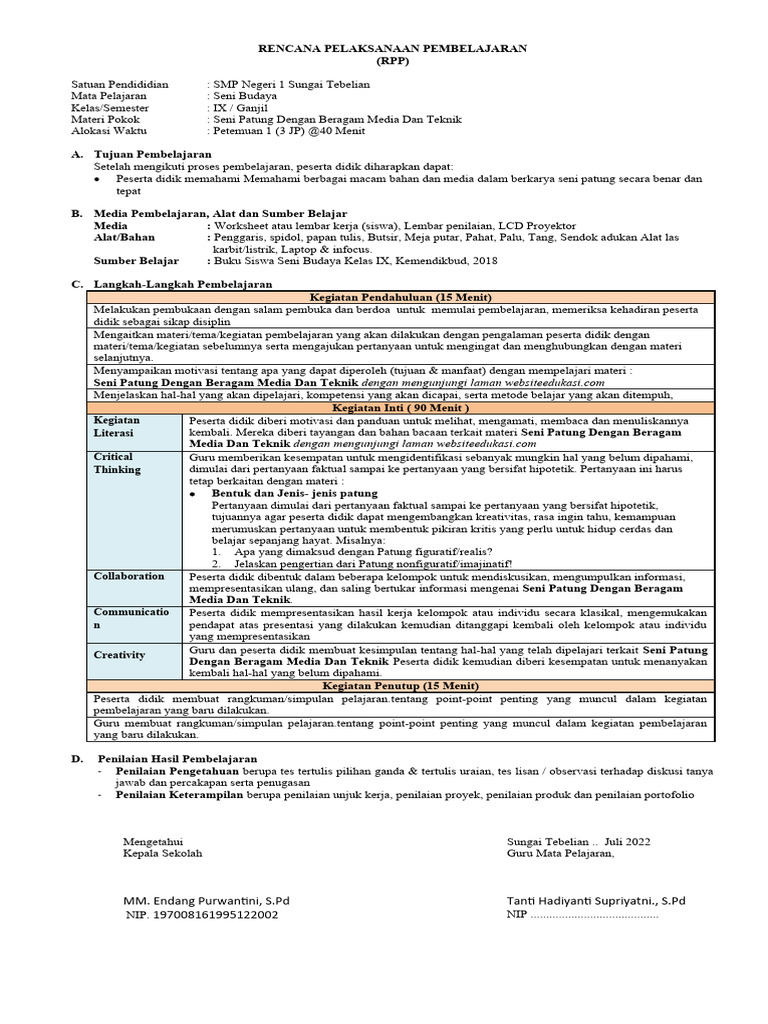 RPP 1 Lembar Seni Budaya Kelas 9 Seni Rupa-Fix | PDF | Seni