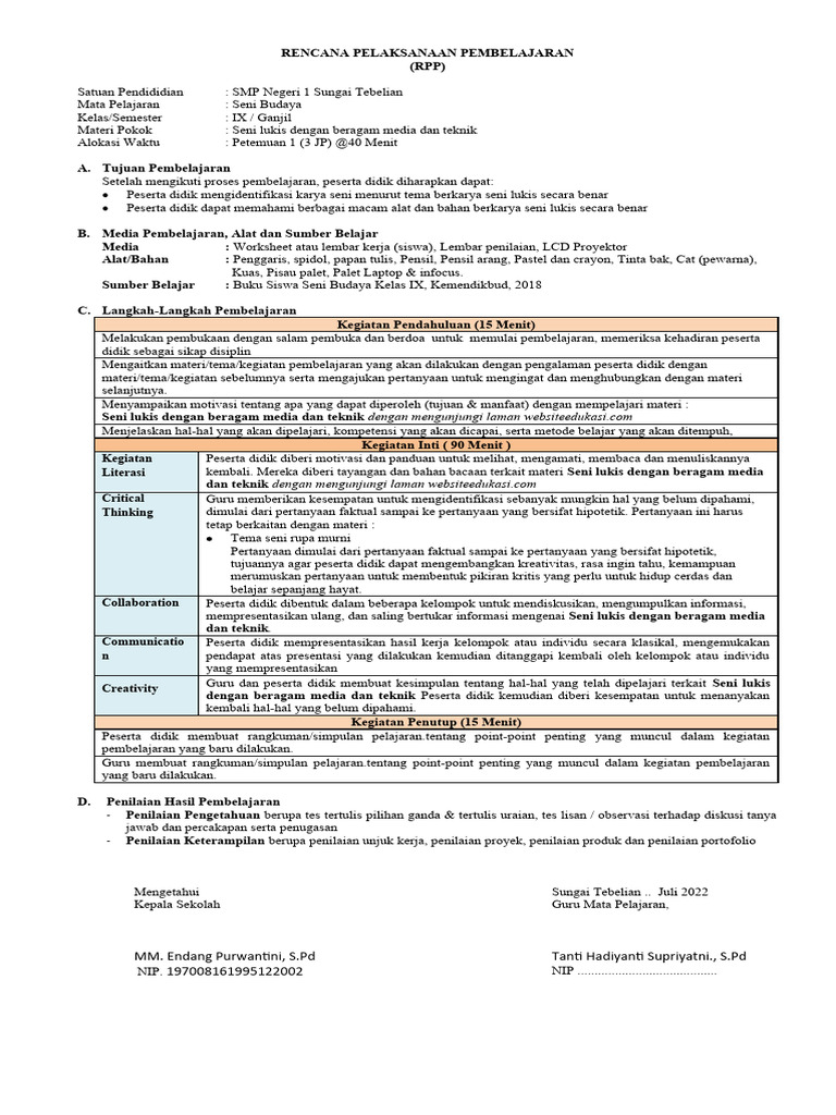 RPP 1 Lembar Seni Budaya Kelas 9 Seni Rupa-Fix | PDF