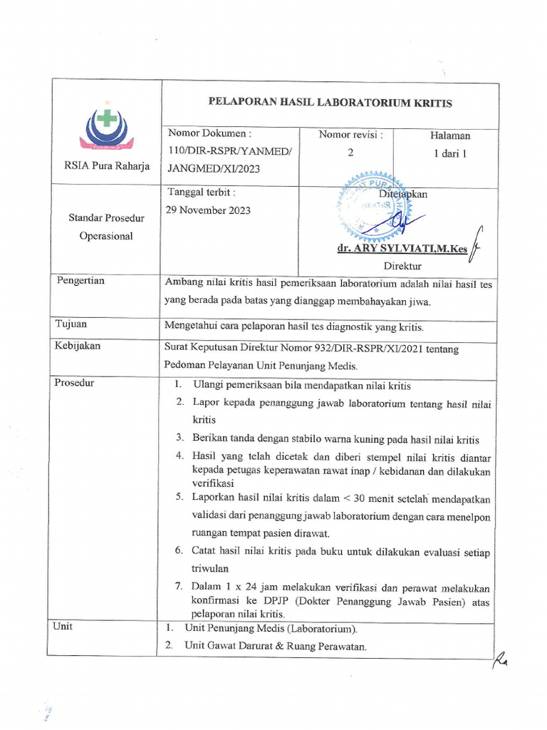 110 Spo Pelaporan Hasil Lab Kritis | PDF