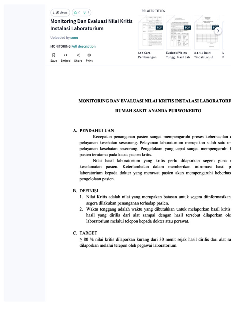 PDF Monitoring Dan Evaluasi Nilai Kritis Instalasi Laboratorium - Compress | PDF