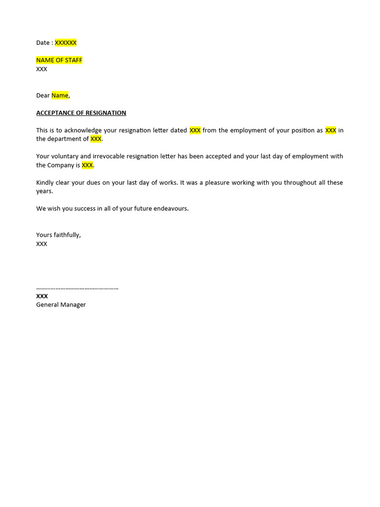 Accept Resignation Letter - SAMPLE | PDF