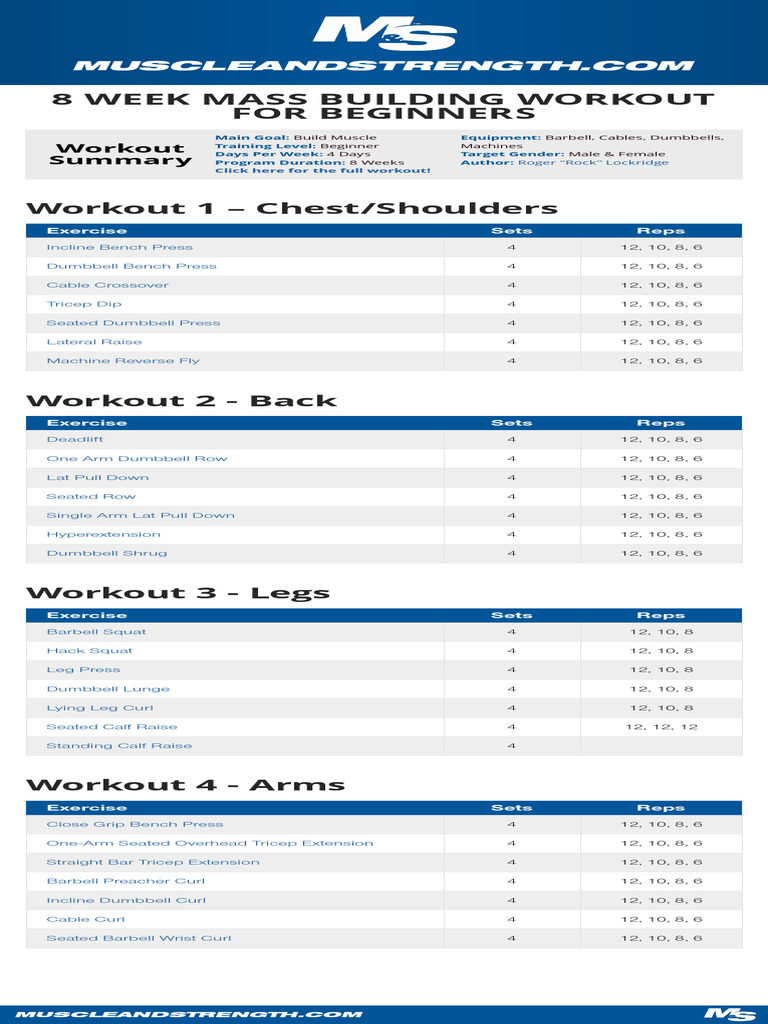 Workout: 8 Week Mass Building Workout For Beginners | PDF | Management ...