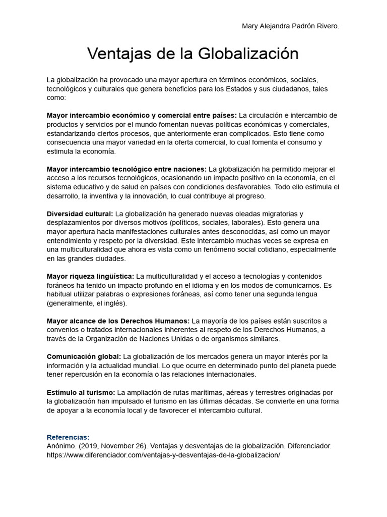 Ventajas de La Globalización | PDF | Globalización | Turismo