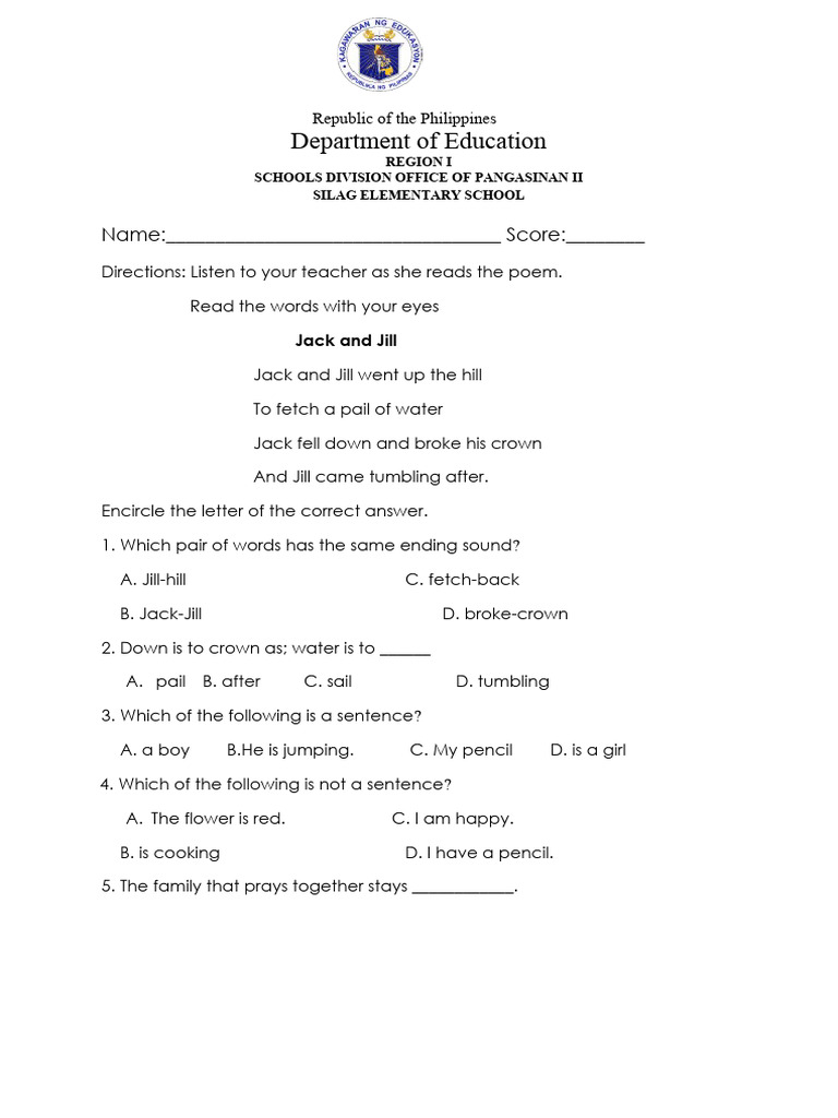 Grade 1 Test Questions | PDF