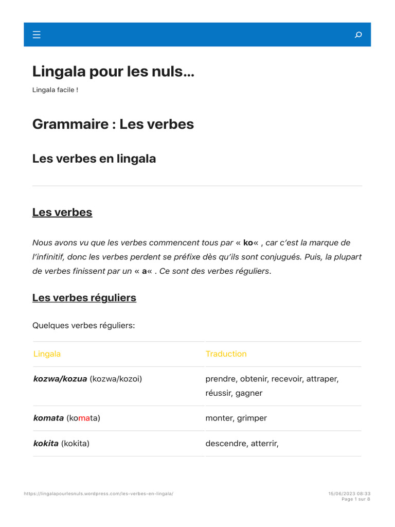 Apprendre les verbes en Lingala | PDF | Verbe | Syntaxe
