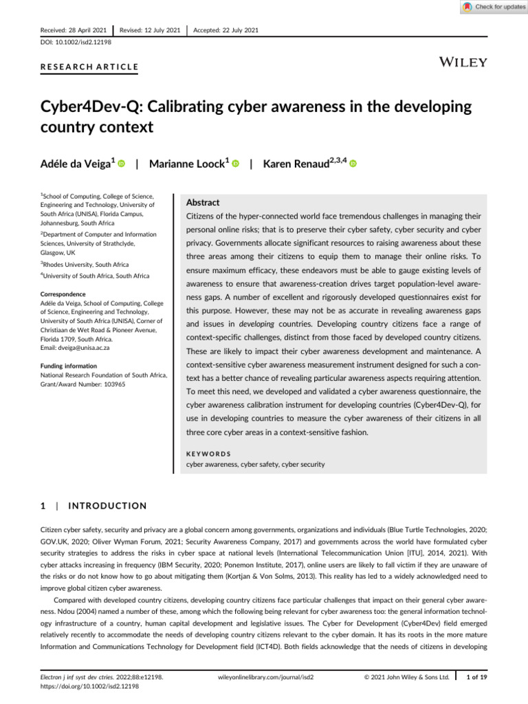 E J Info Sys Dev Countries - 2021 - Veiga - Cyber4Dev Q Calibrating Cyber Awareness in The ...