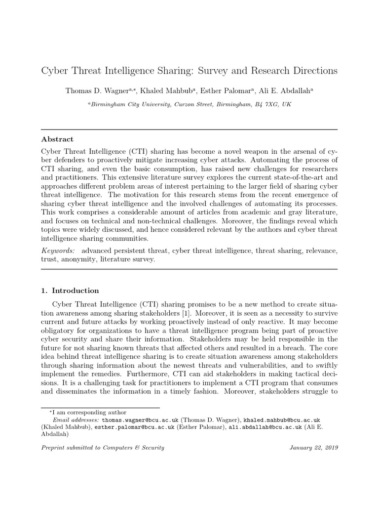 Cyber Threat Intelligence Sharing Survey and Research Directions | PDF | Security | Computer ...