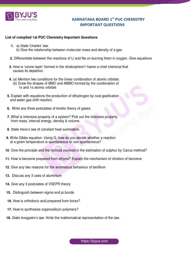 Karnataka Board 1st PUC Chemistry Important Questions | PDF