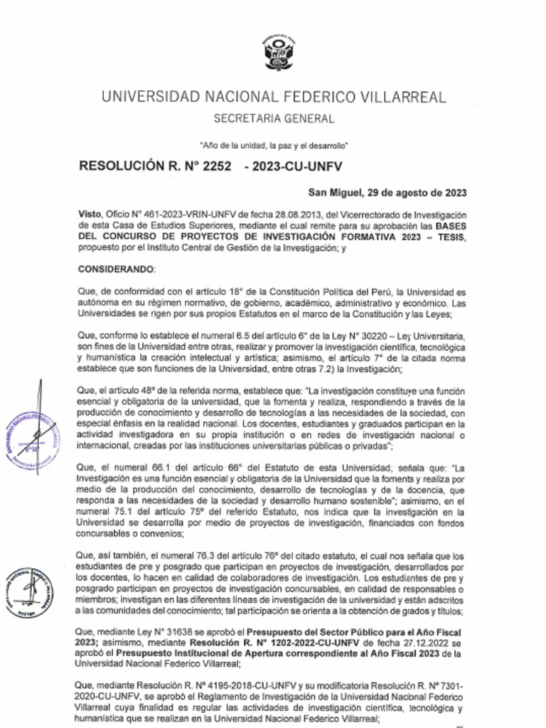 Resolución R. #2252-2023-Cu-Unfv | PDF