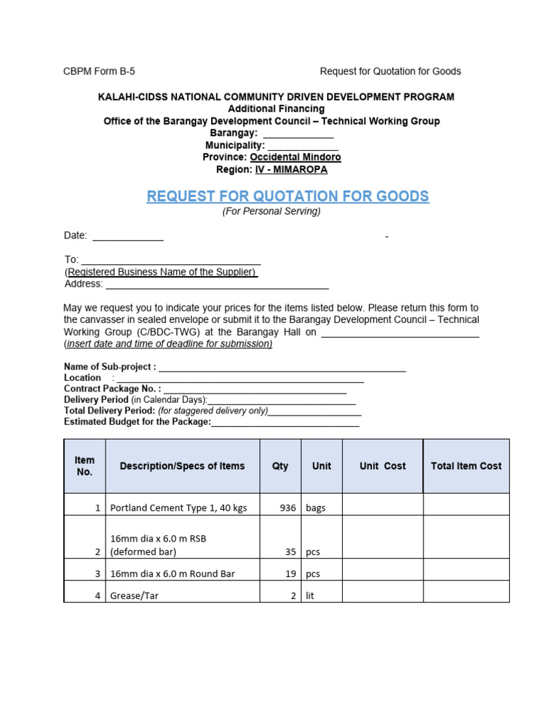 CBPM 2021 Form B-5 - Request For Quotation For Goods | Download Free ...