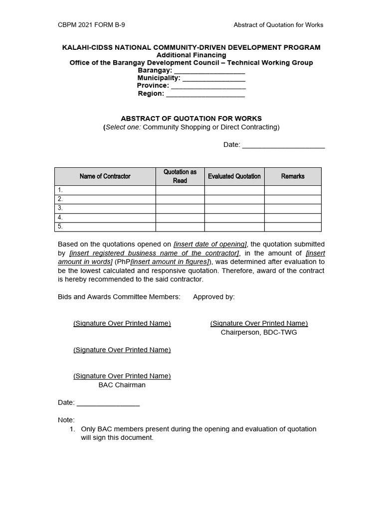 CBPM 2021 Form B-9 - Abstract of Quotation For Works | PDF