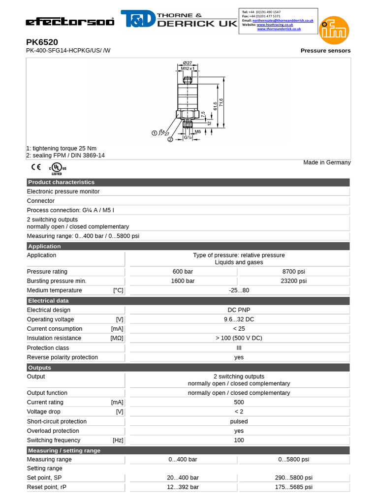 Ifm PK6520 Pressure Sensor Pressure Switch Compact Pressure Sensor ...