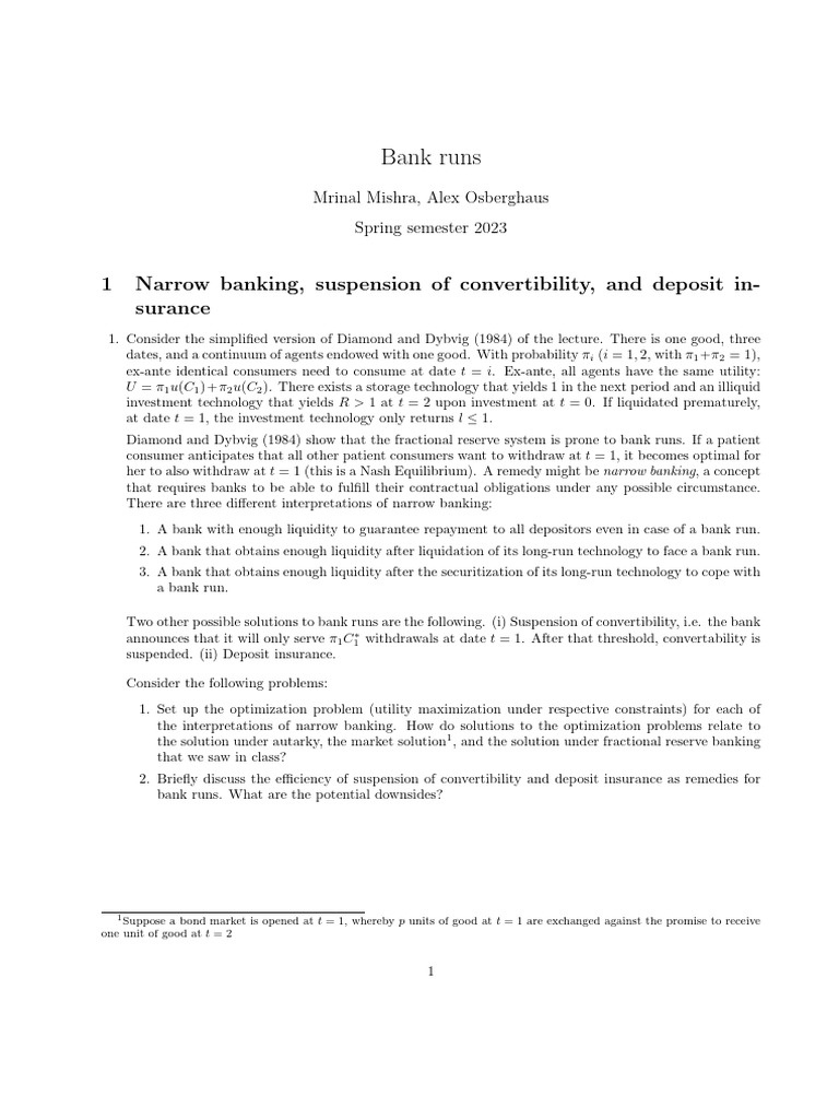 Advanced Banking Bank Runs Exercise Solutions | PDF | Bank Run | Banks