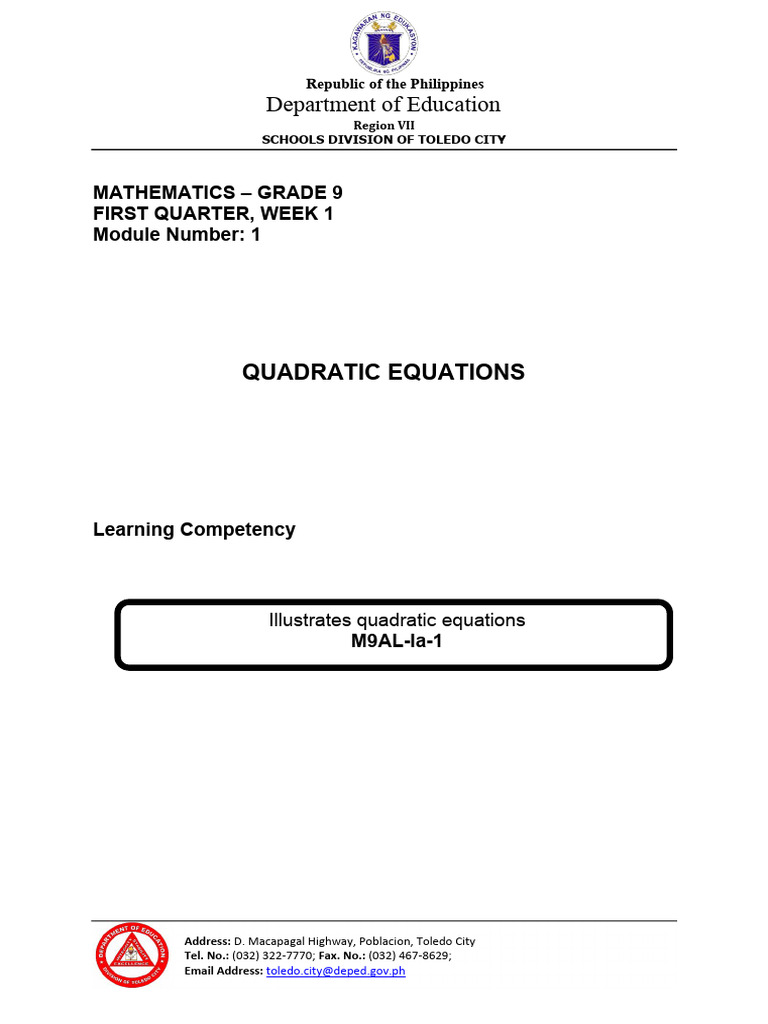 Grade 9 Quadratic Equations Module | PDF | Equations | Variable ...