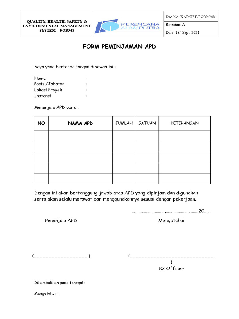 KAP - HSE - FORM - 48 - Form Peminjaman APD | PDF