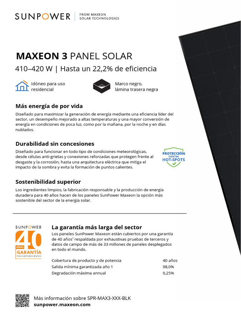 Maxeon 3 BLK - 410, 415, 420 W | PDF | Energía solar | Cantidades fisicas
