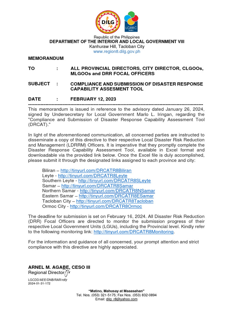 Memorandum Compliance and Submission of Disaster Response Capability ...