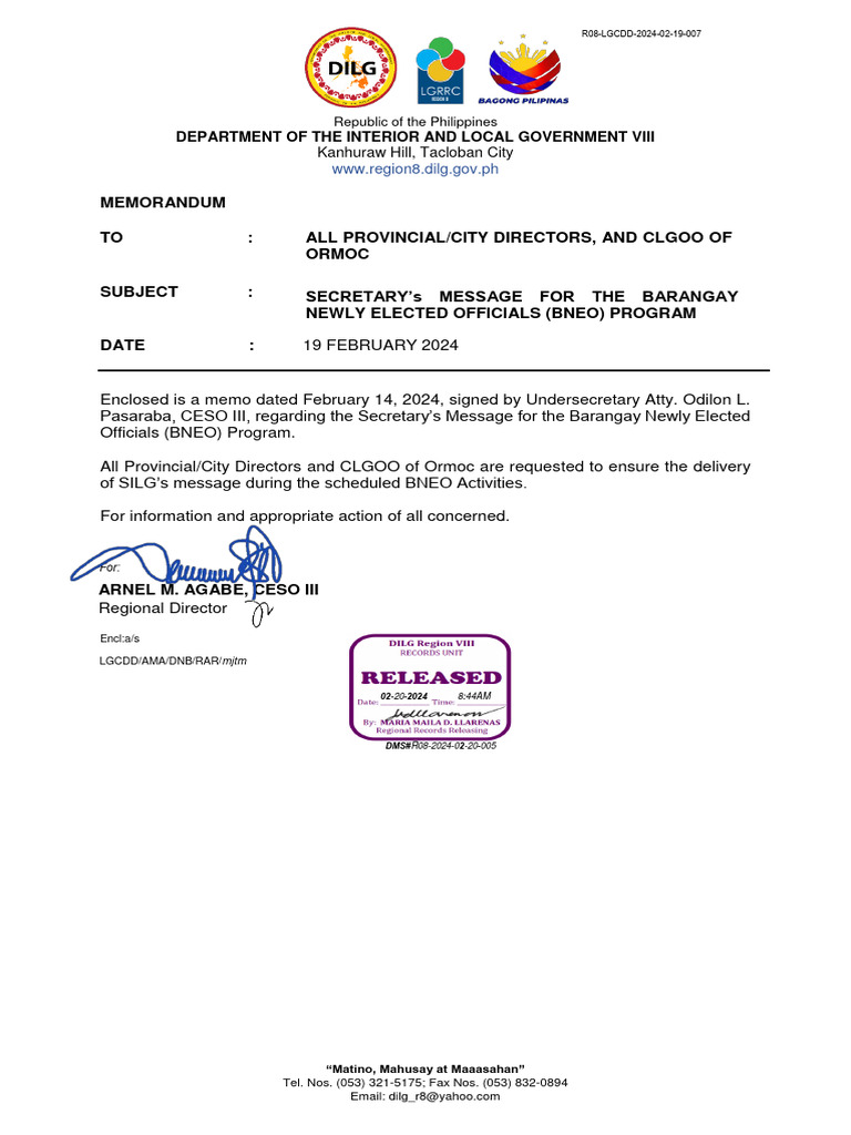 R08-2024-02-20-005 Memo Re Secretary's Message For Bneo Program | PDF