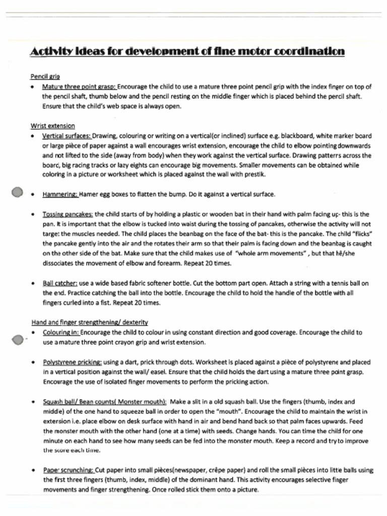 Activity Ideas For Fine Motor Coordination Pdf