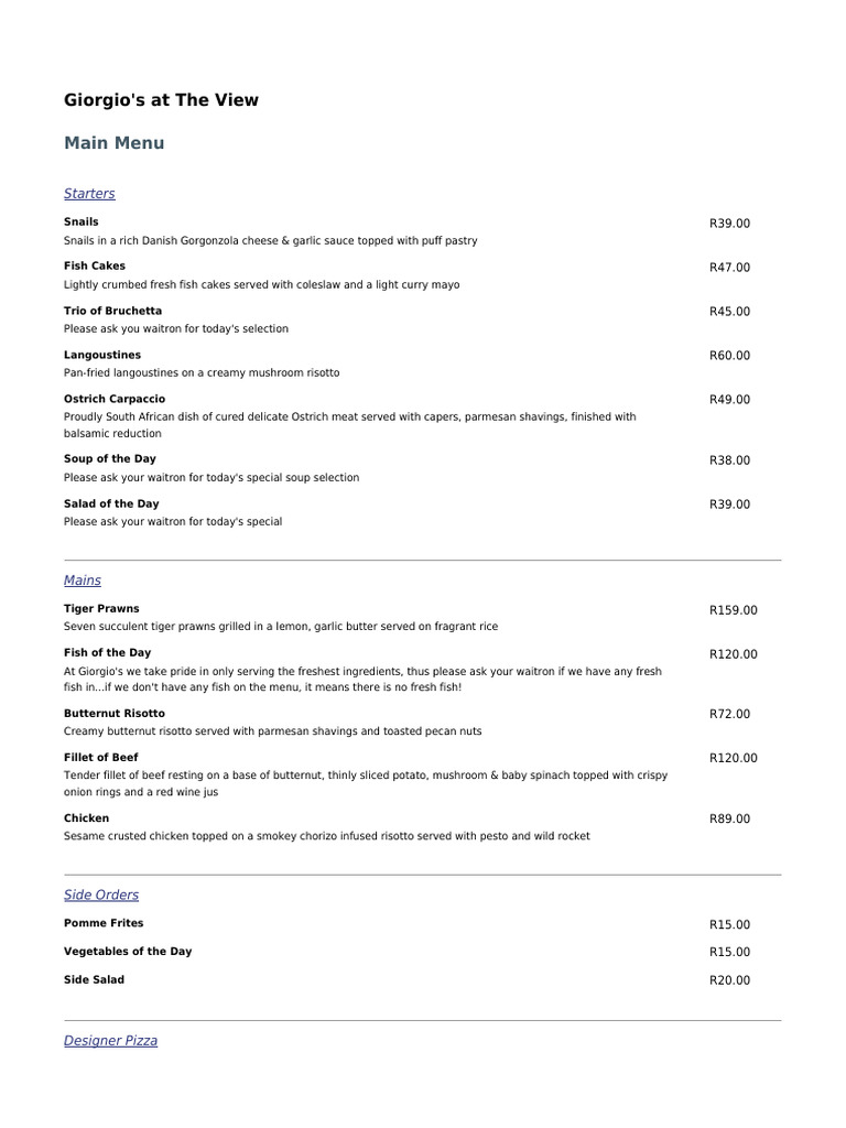 Giorgio's Restaurant Menu Overview | PDF | Pesto | Sauce