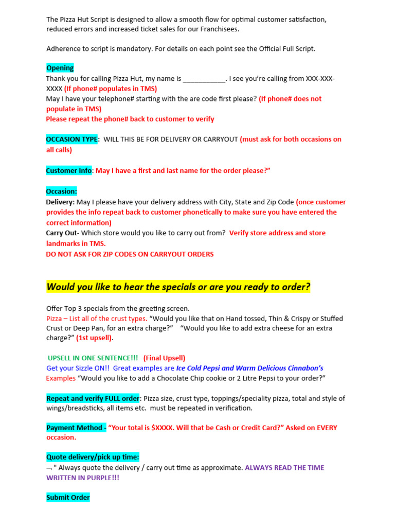 Pizza Hut Call Handling Script | PDF | Credit Card | Service Industries