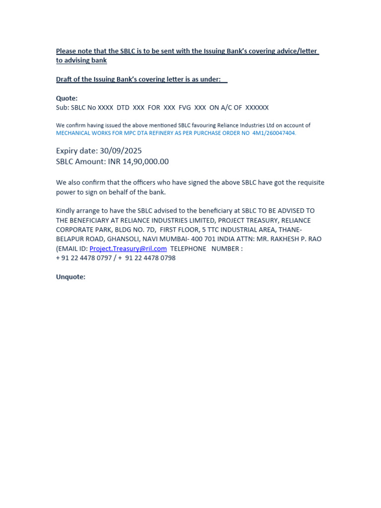 Ril Capex SBLC Format Performance | PDF | Letter Of Credit | Business Law