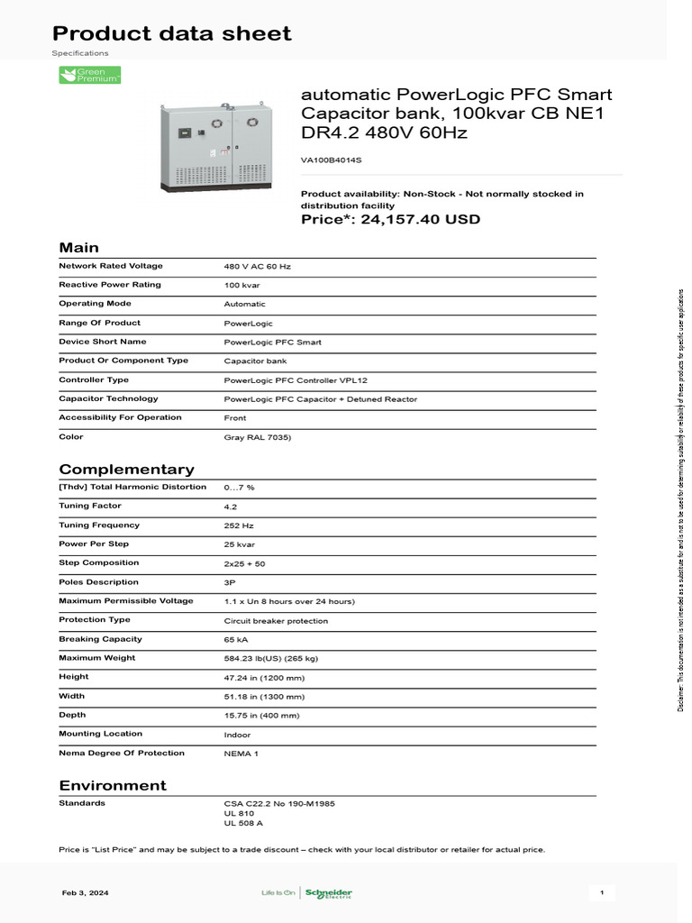 Schneider Electric - PowerLogic-PFC-Capacitor-Banks-UL-CSA - VA100B4014S | PDF | Capacitor ...